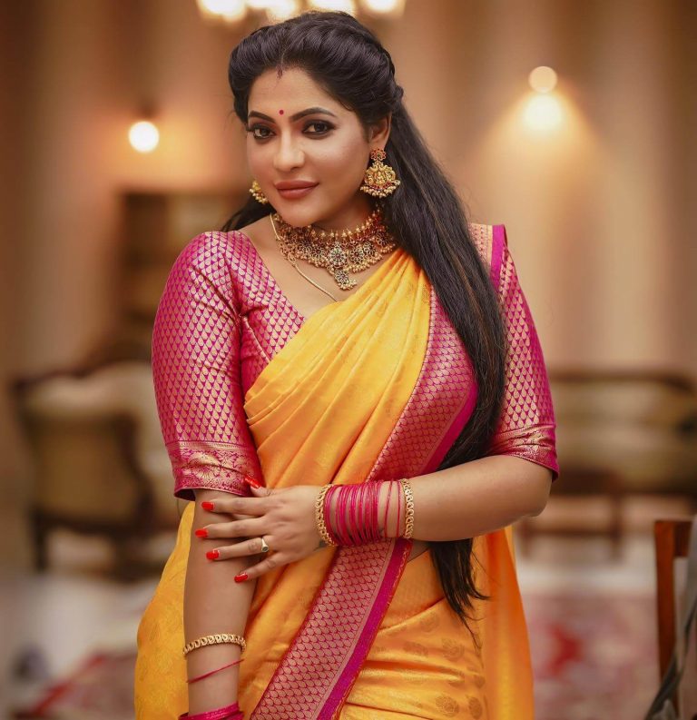 gorgeous-reshma-pasupuleti-in-yellow-silk-saree-with-contrasting-pink ...