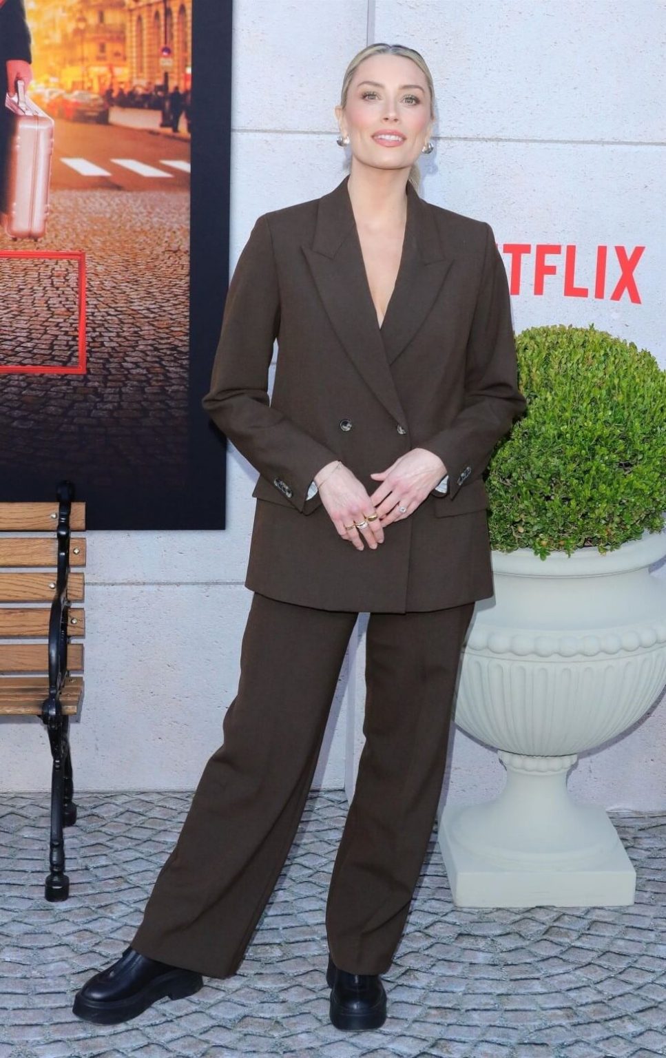 Arielle Vandenberg In Deep Brown Long Blazer With Pants At“Murder ...