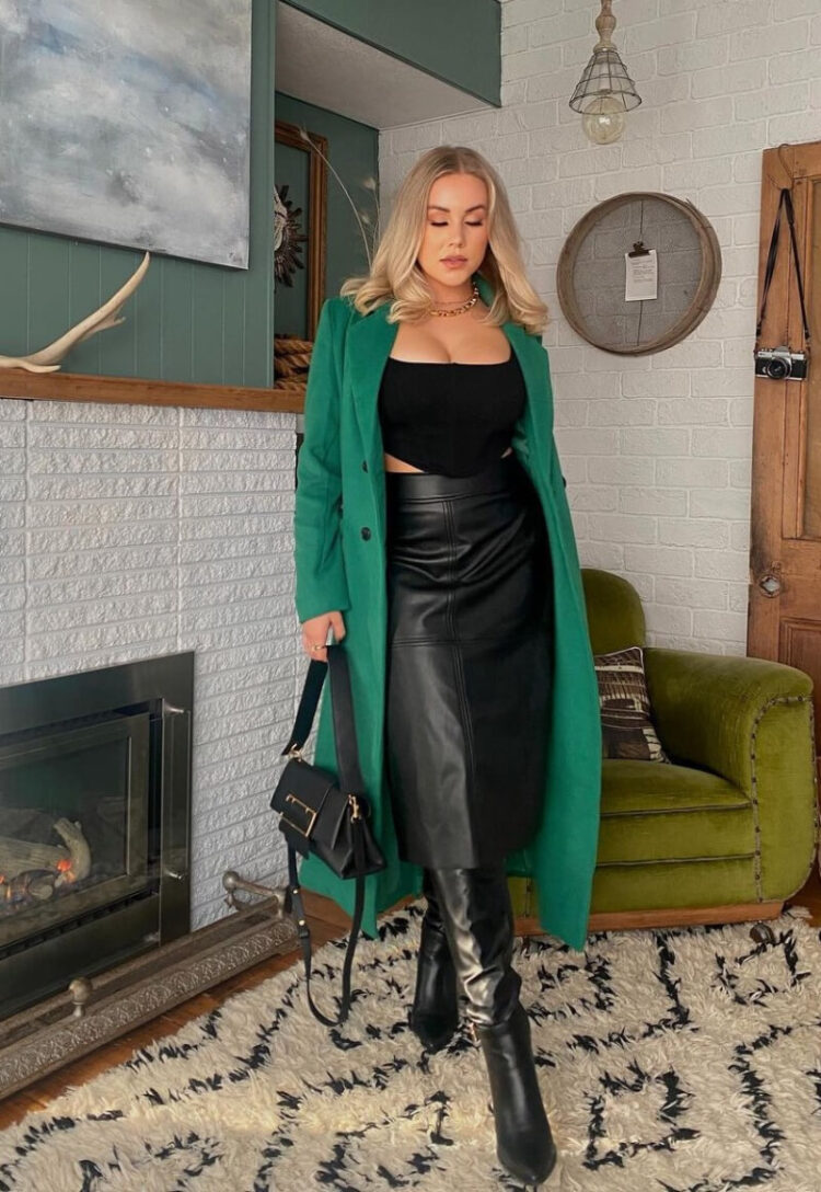 Casee Brim In Green Blazer Under Cami Top With Leather Skirt - K4 Fashion